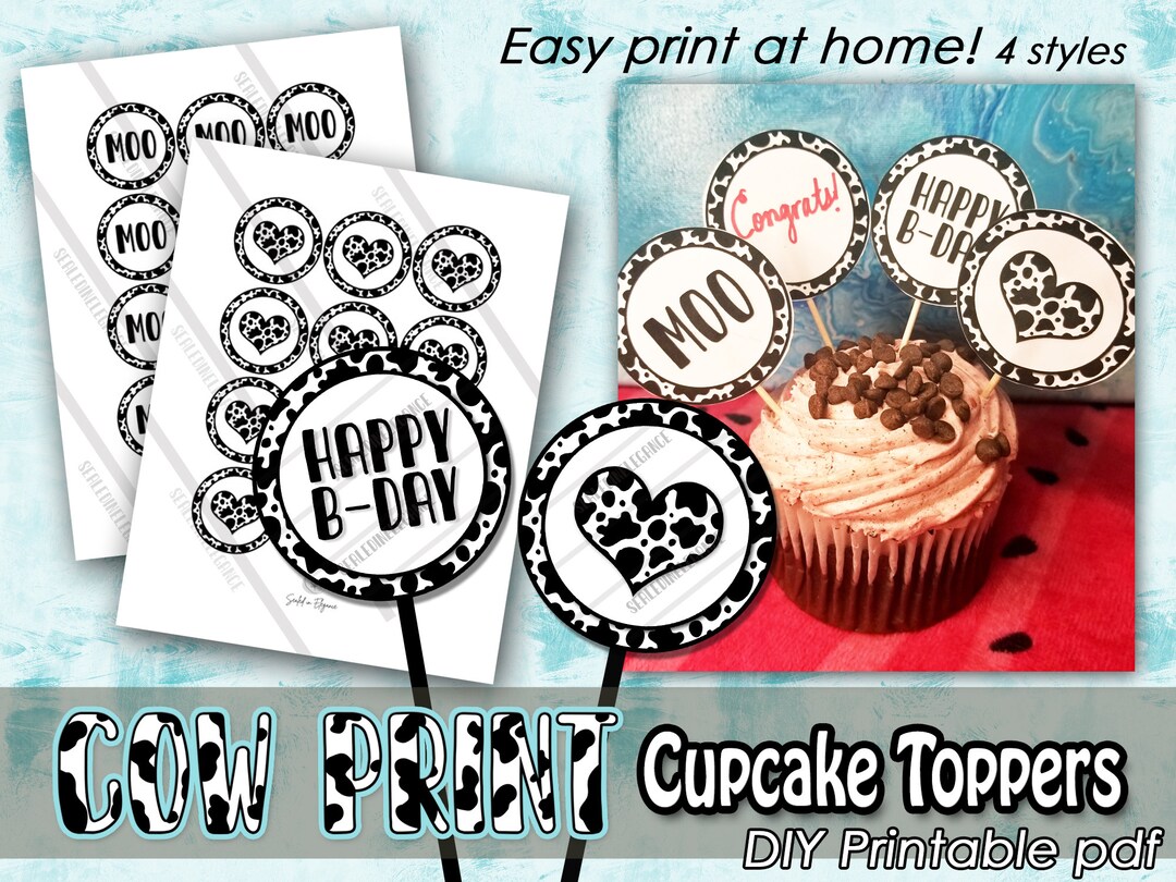 Cow Print Cupcake Toppers, Printable Birthday Cupcake Toppers, PDF, Cow ...