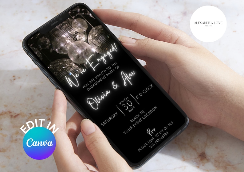 Silver Engagement Party Disco Invitation Template, Disco Ball Digital ...