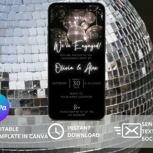 Silver Engagement Party Disco Invitation Template, Disco Ball Digital ...
