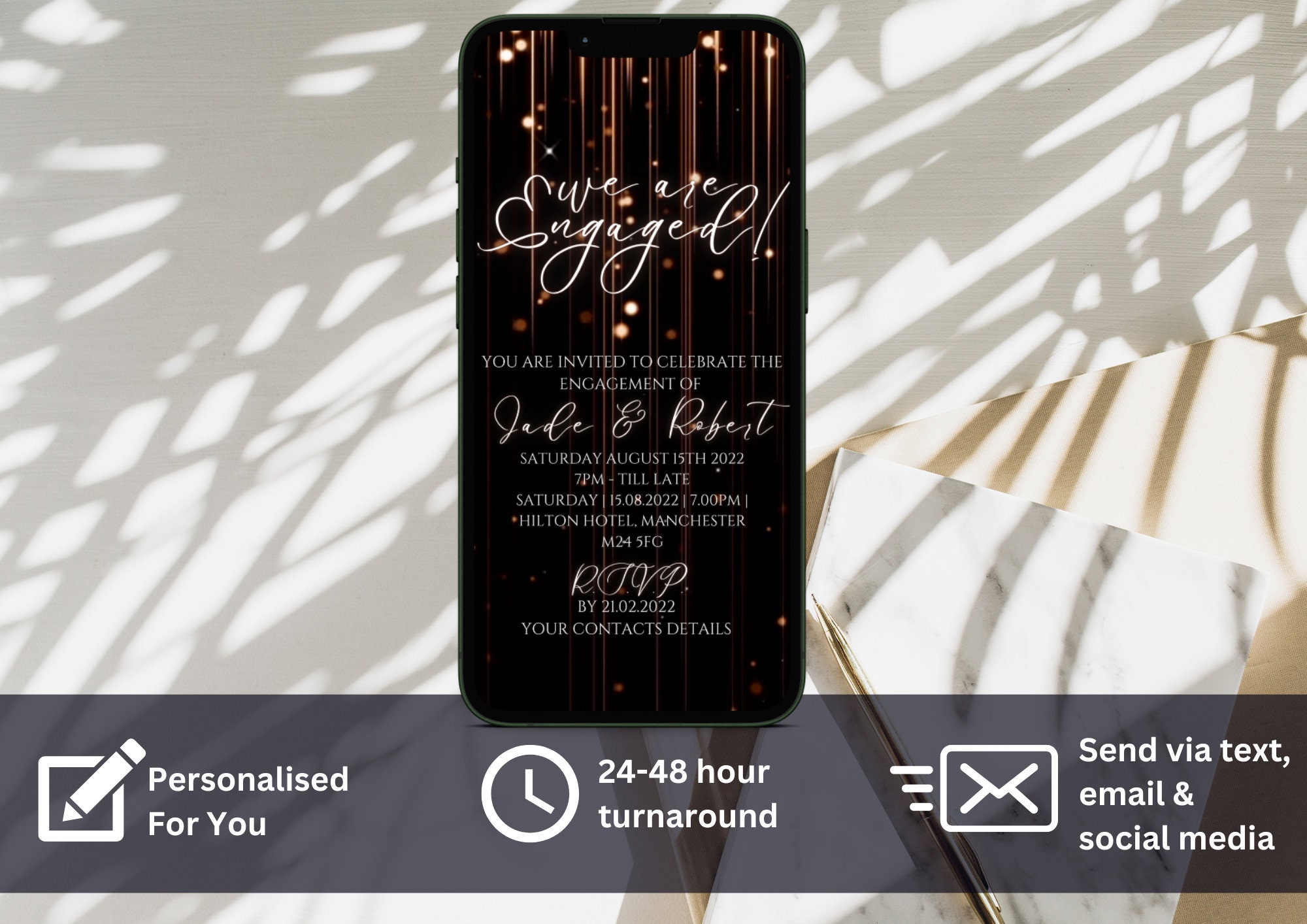 Gold Engagement Party Invitation Digital Download, Modern Video ...