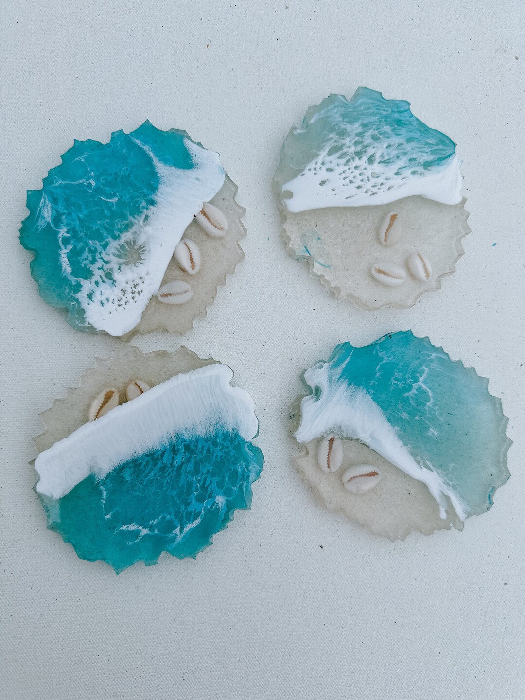 Beach Scene Coaster Set of 4 ~ Ocean Resin, Real Sand Base, Cowry ...