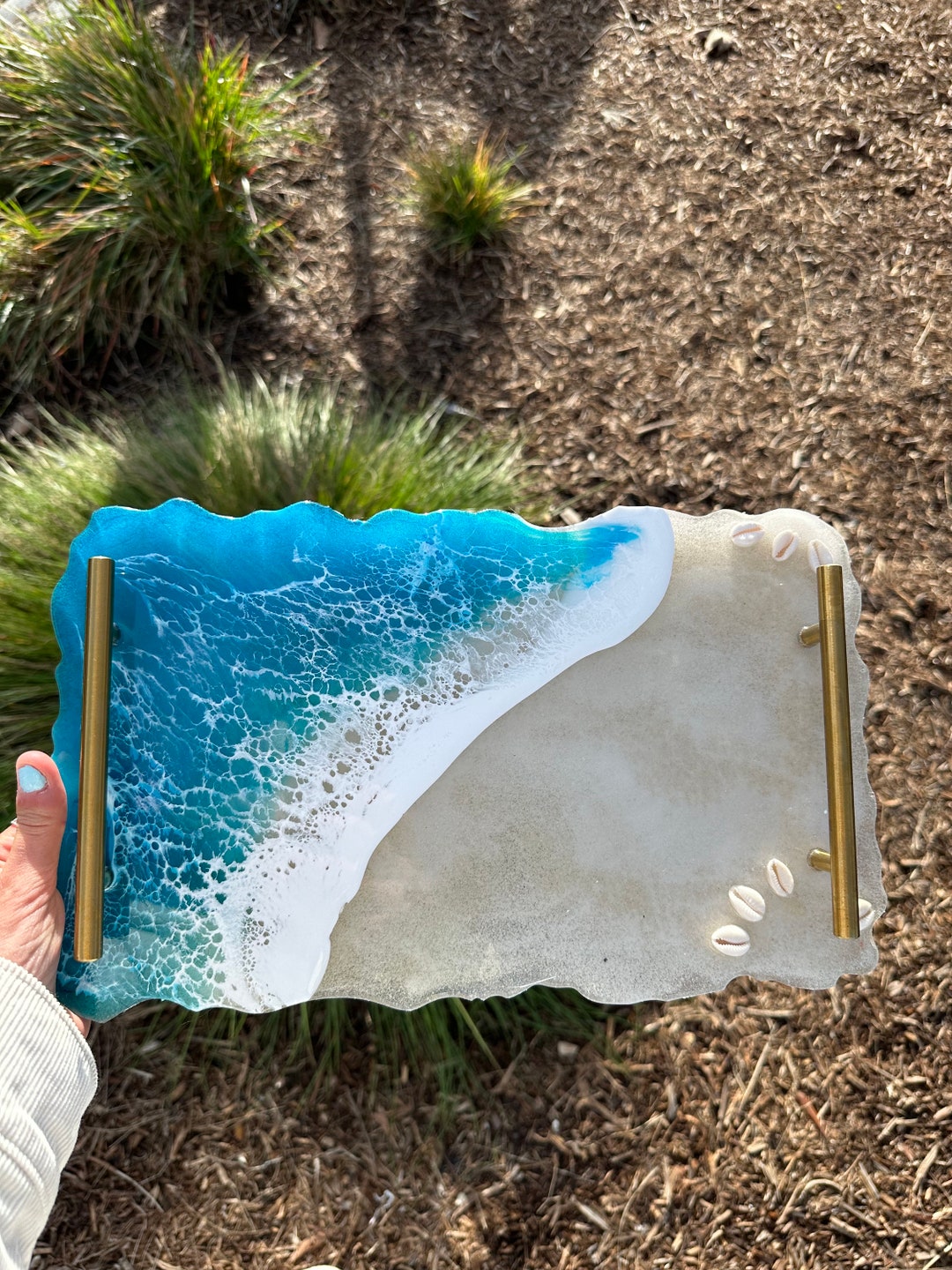 Beach Serving Tray With Real Sand and Seashells Ocean Resin ~ Gold or ...