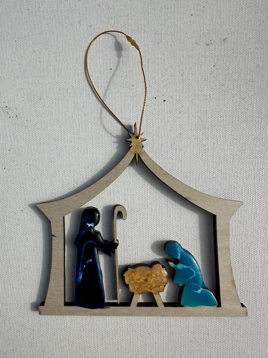 Nativity Scene Ornament Wood and Resin Gold Loop Swirly and Gold Cut ...