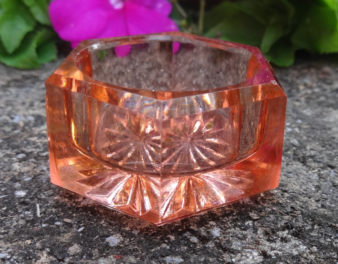 Peachy-pink Cut Glass Hexagonal Open Salt Dip, Cellar, Dish - Etsy