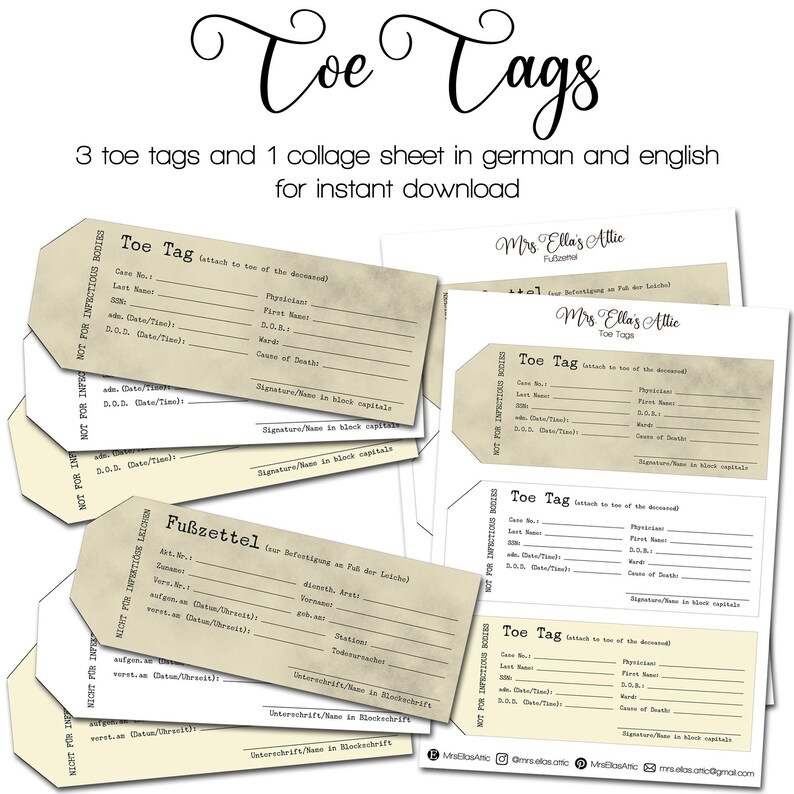 Toe Tags for Dead Bodies Junk Journal Kit 3 Colors German and English ...