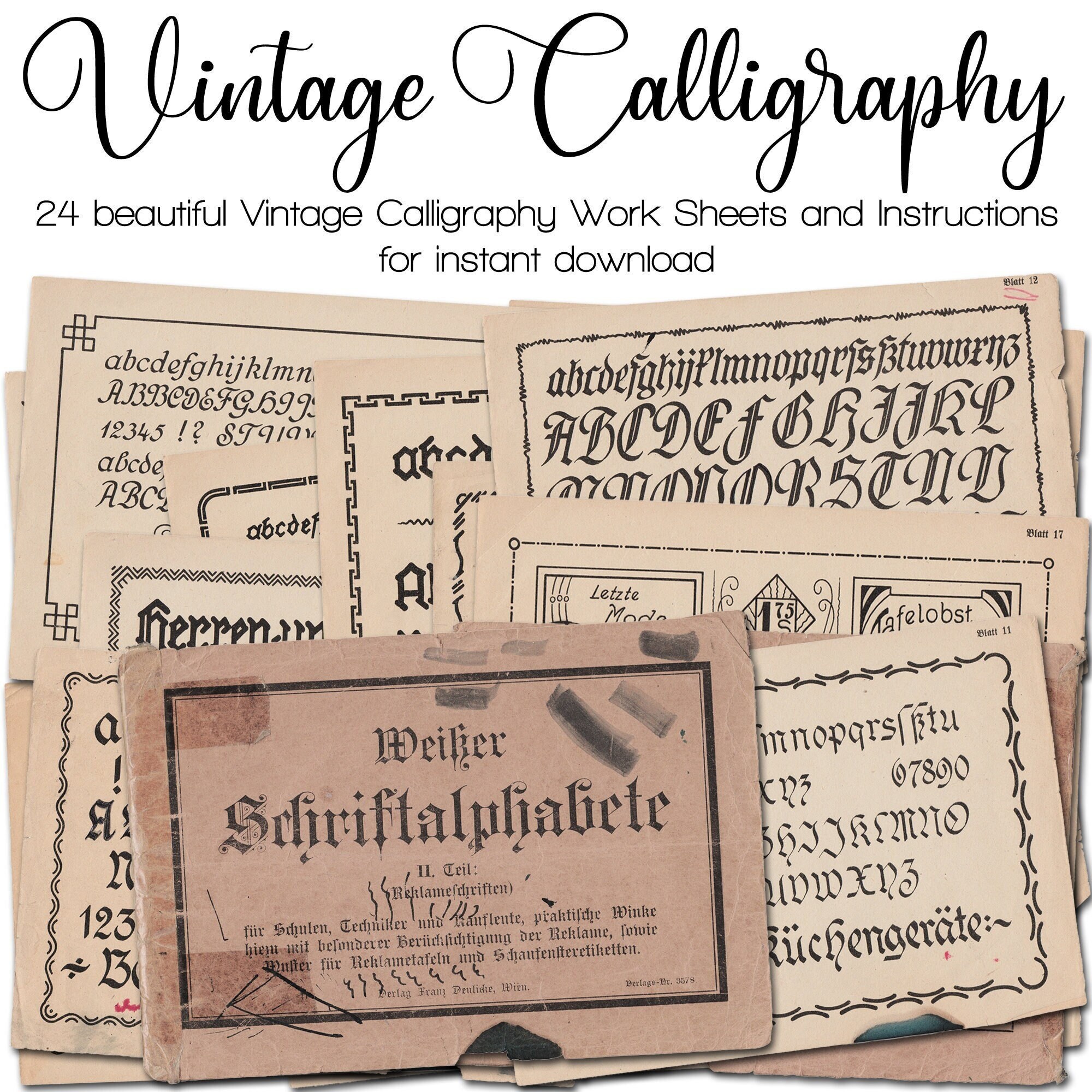 Vintage Calligraphy Work Sheets Advertisement Fonts Junk Journal Kit ...