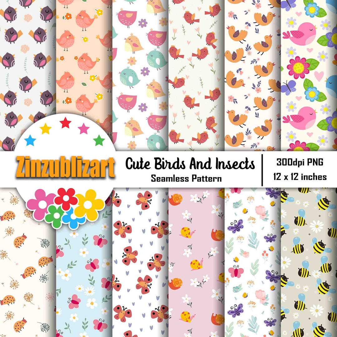 Cute Birds and Insects Seamless Pattern, Digital Papers, Bug, Butterfly ...