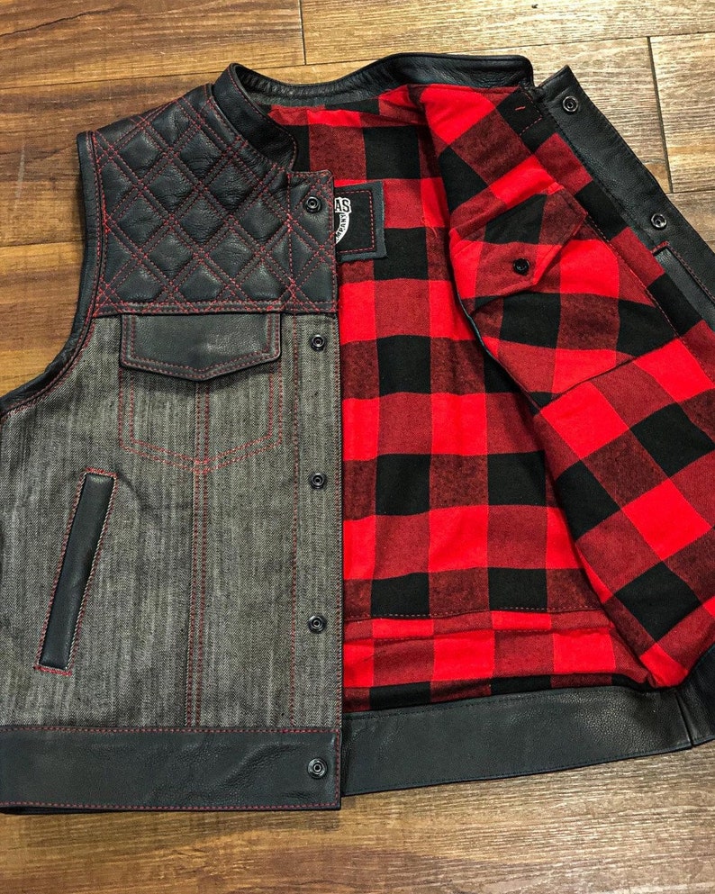 Leather Vest Diamond Quilted Flannel Black Leather Vest Classic Vest ...