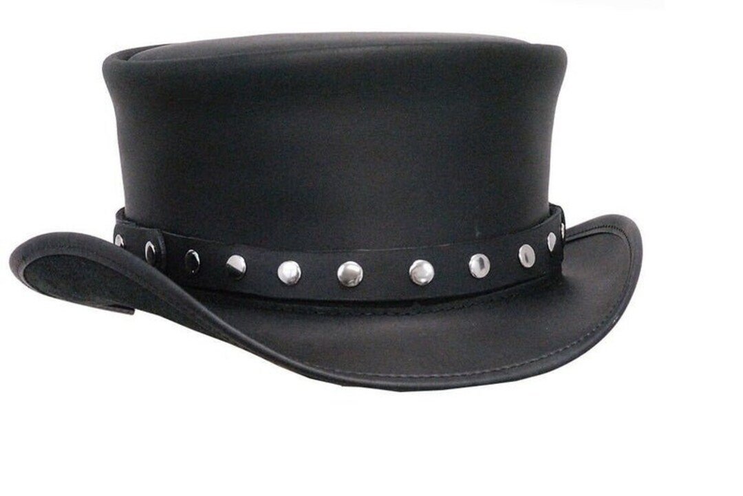 TOP HAT Black Leather Steampunk / Biker Top Hat Made With a Rivet Trim ...