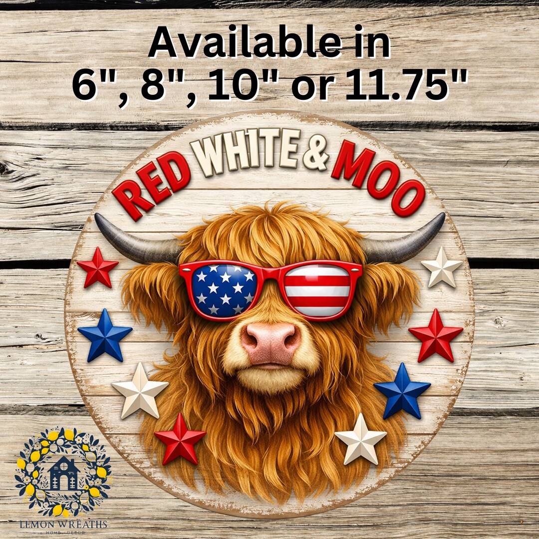 Red White Moo Wreath Sign: Patriotic Highland Cow Door Hanger, Fourth ...