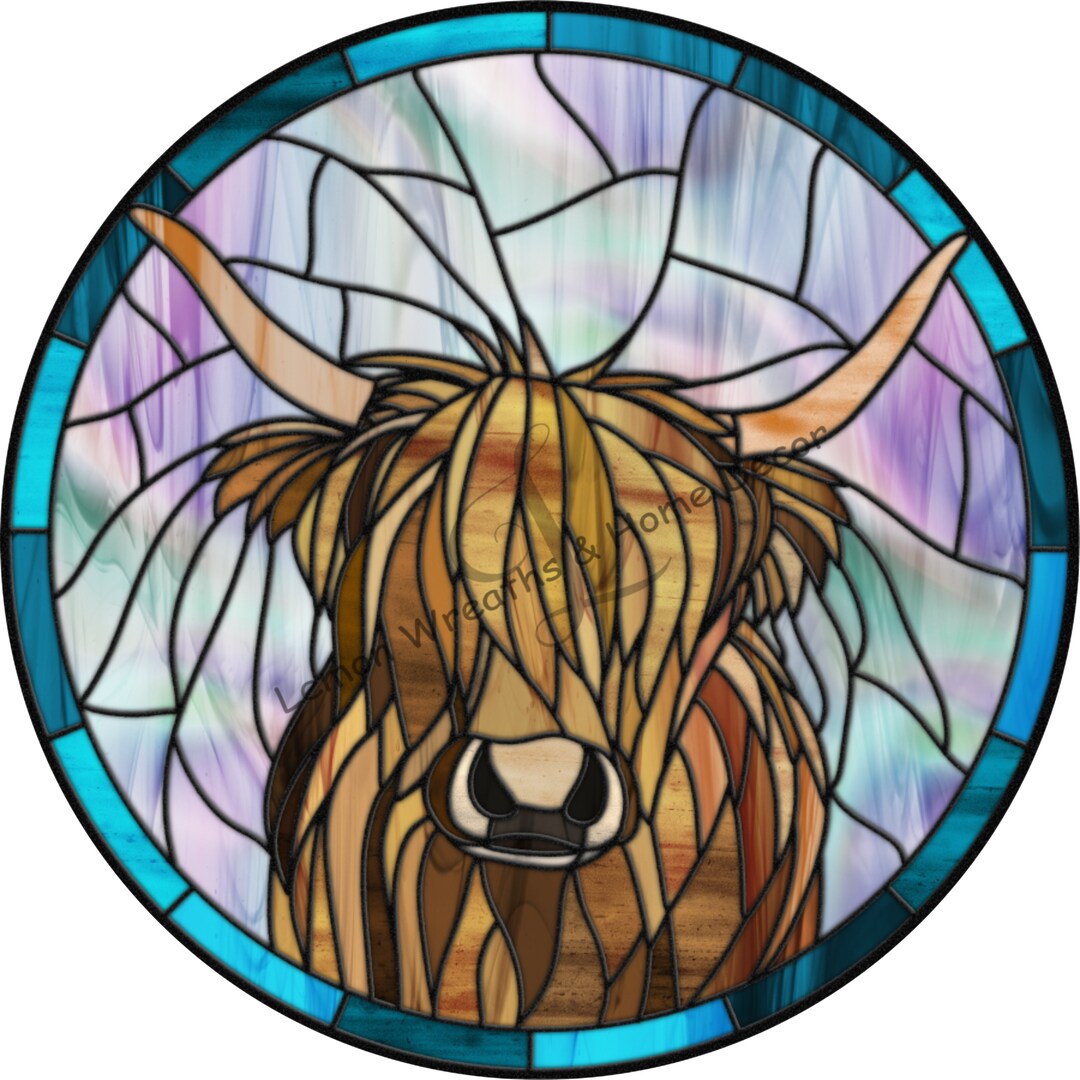 Hiland Cow Metal Sign | Blue Faux Stained Glass | Sign for Wreaths ...