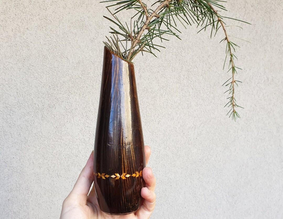 Vintage Wooden Inlay Vase, Soviet Union Wood Handcrafted Flower Vase ...