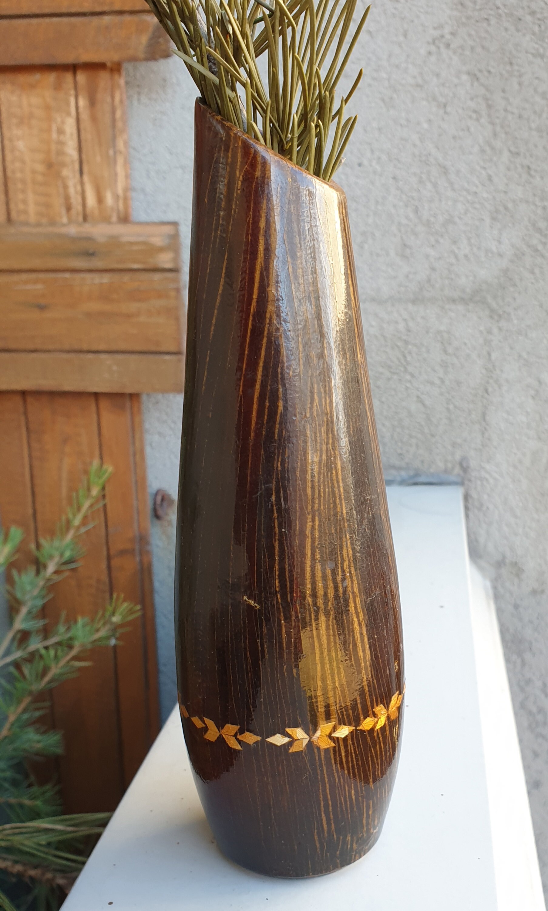 Vintage Wooden Inlay Vase, Soviet Union Wood Handcrafted Flower Vase ...