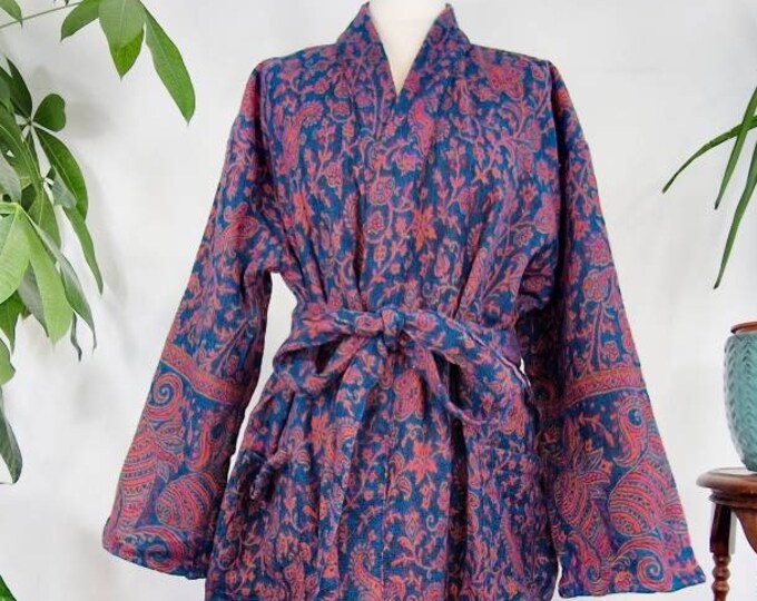 Paisley Unisex Yak Wool Blend Kimono Dressing House Robe – Teal Blue ...