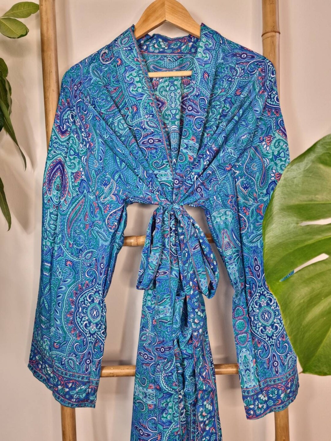 Men's Silk Boho Kimonos Man House Beach Artist Robe- Bright Blue Ocean ...