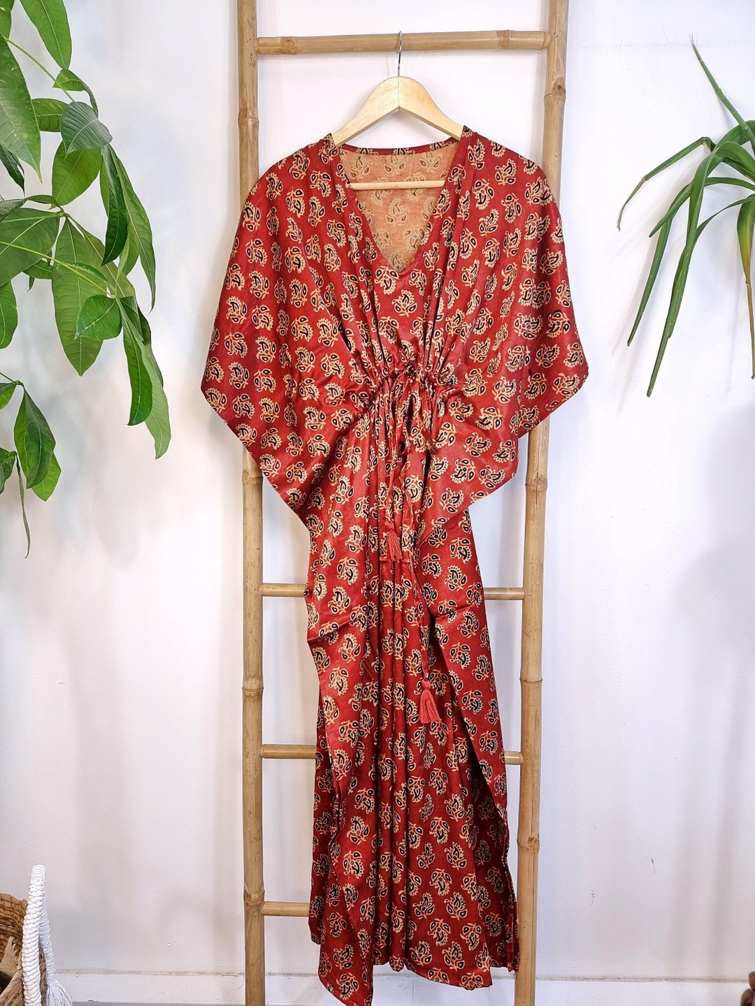Mashru Silk Kaftan Ajrakh Handprinted Luxury Lounge | Red Robe Mini ...
