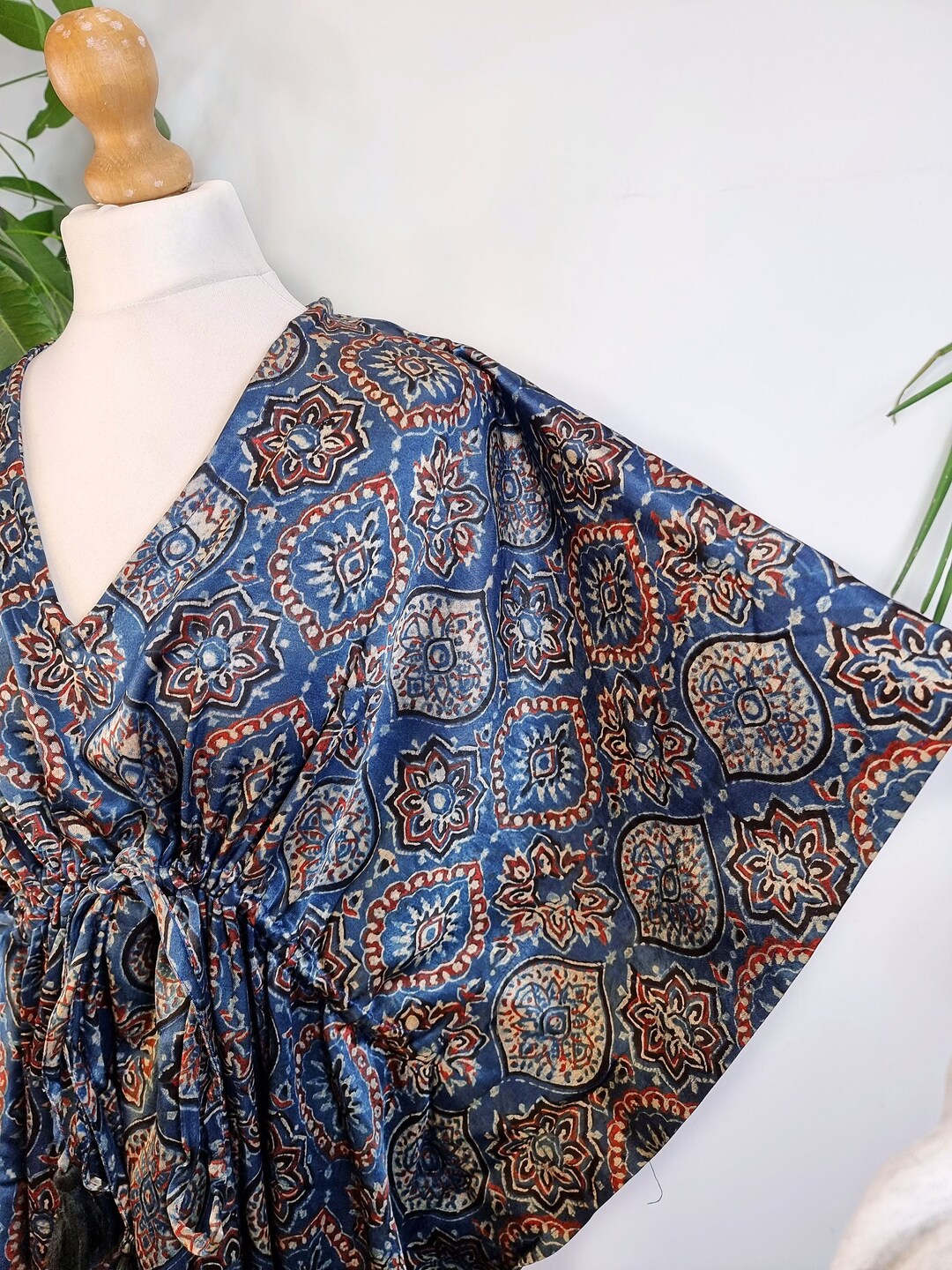 Mashru Silk Kaftan Ajrakh Handprinted Luxury Lounge | Indigo Blue Red ...