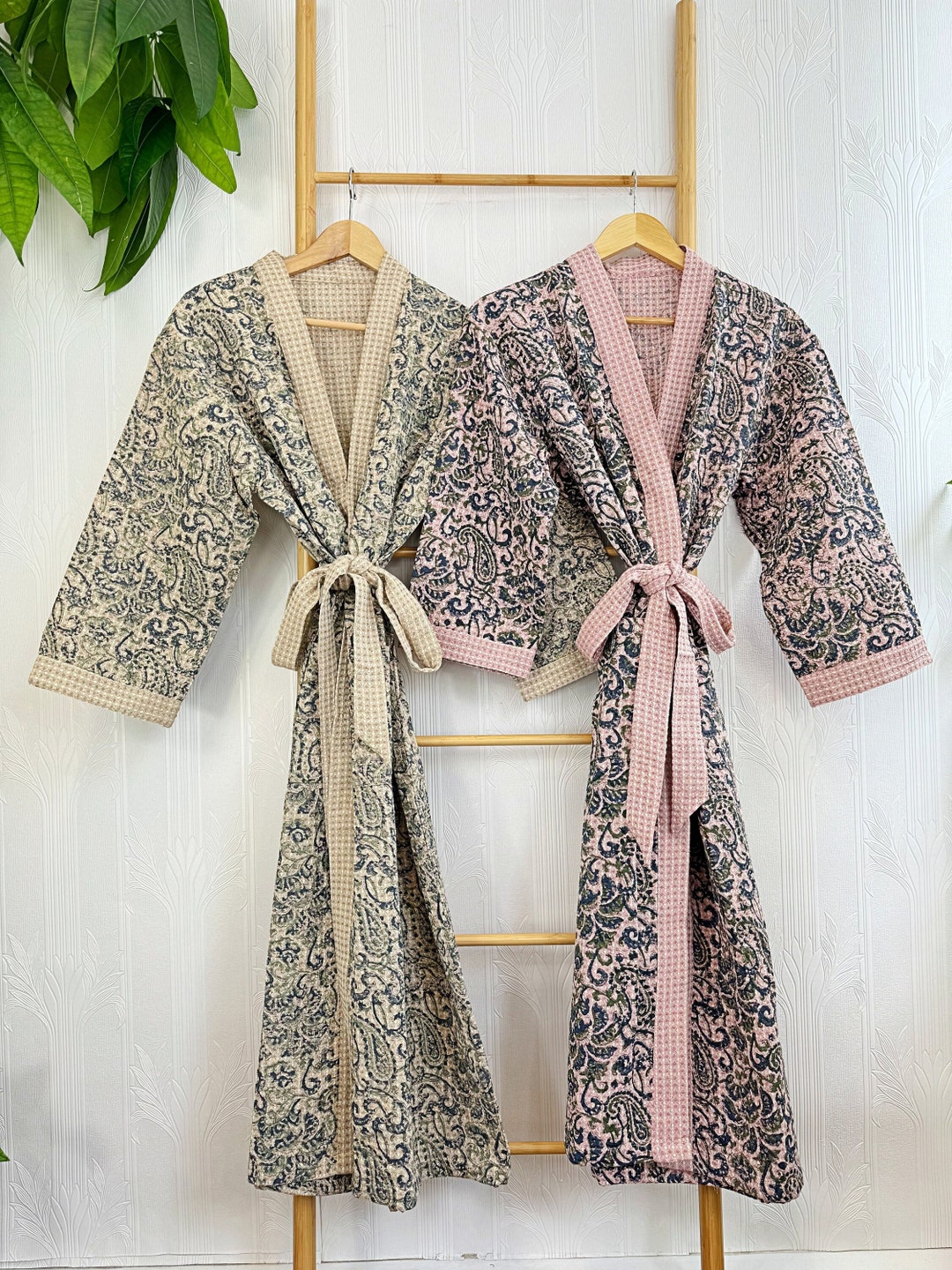 Pure Waffle Cotton Handprinted House Bath Dress Robe Summer Kimono ...