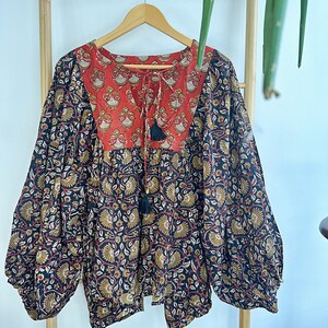 Pure Cotton Earthy Floral Bohemian Blouse Top Indian Bagru Block Print ...