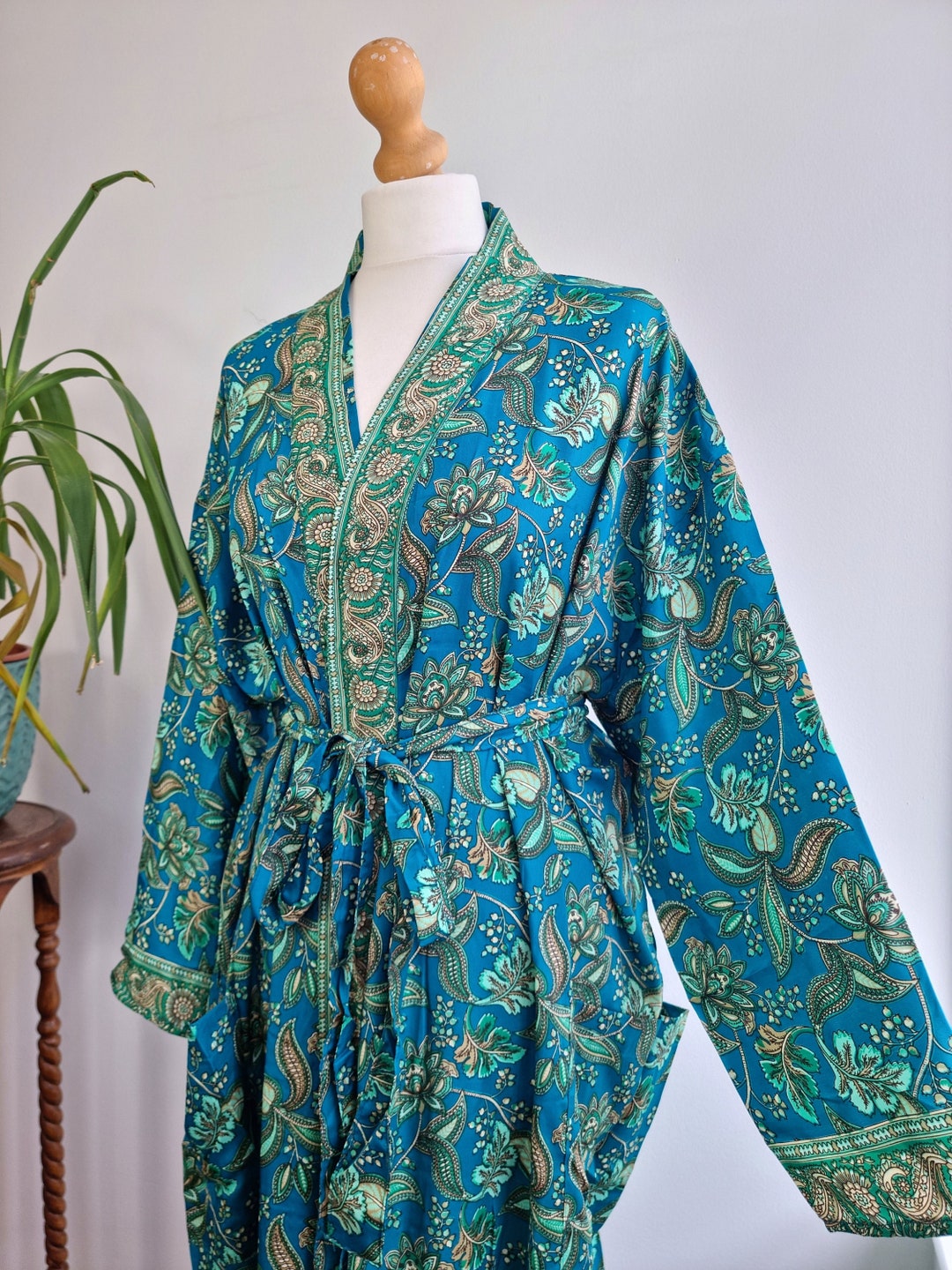 New Silky Sari Boho Kimono Regal House Robe Luxury Lounge Digital Print ...