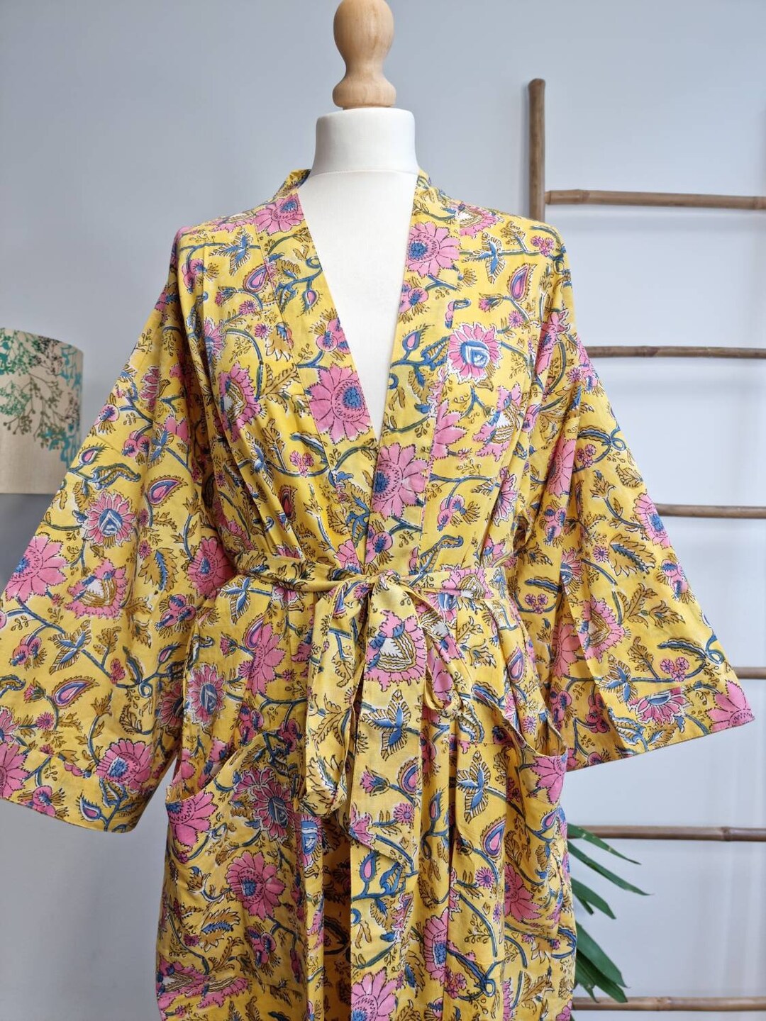 Pure Cotton Luxury Handprinted House Robe Kimono Floral Soft Yellow ...