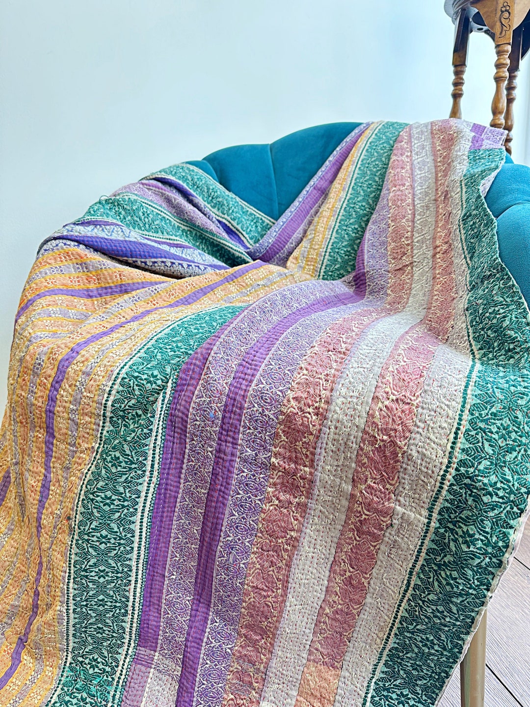 Vintage Silk Brocade Handmade Kantha Stitch Sofa Throw | Beach Throw ...