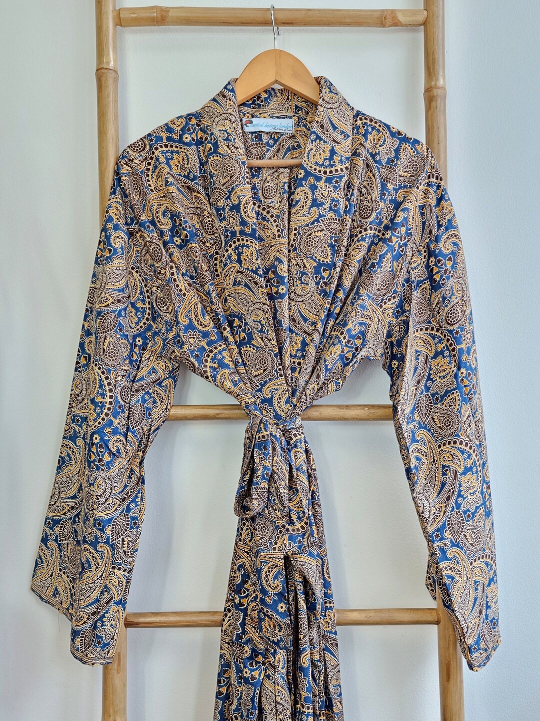 Men's Silk Boho Kimonos Man House Beach Artist Robe - Blue Mustard ...