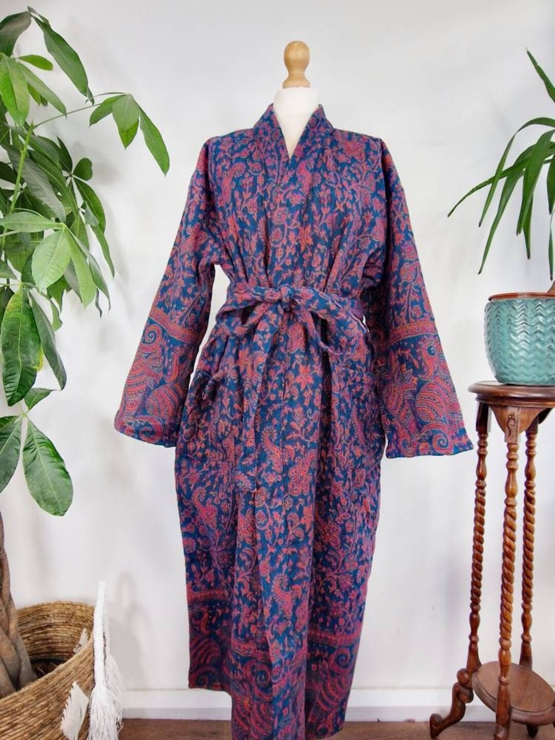 Paisley Unisex Yak Wool Blend Kimono Dressing House Robe Teal Blue Pink ...
