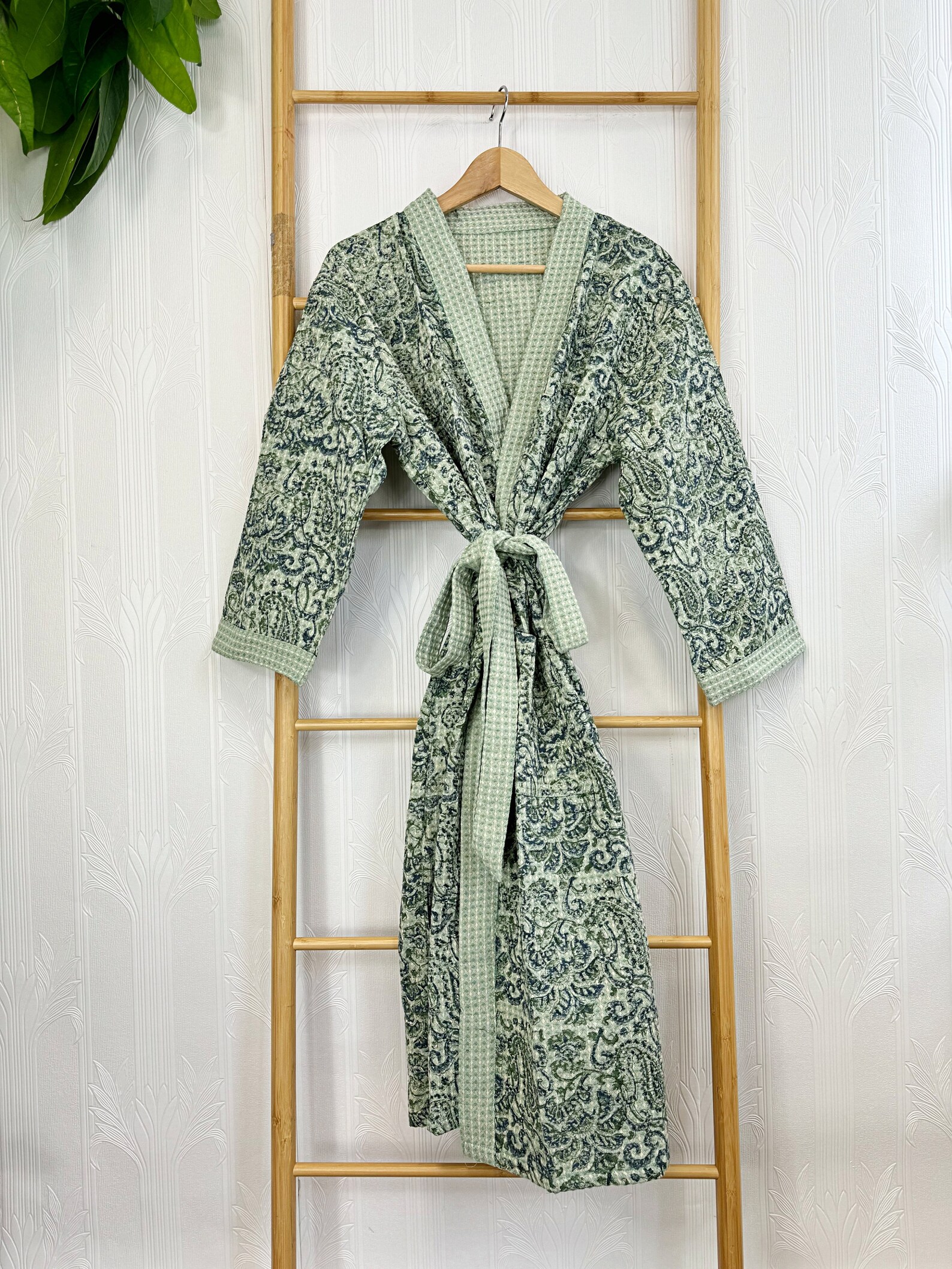 Pure Waffle Cotton Handprinted House Bath Dress Robe Summer Kimono ...