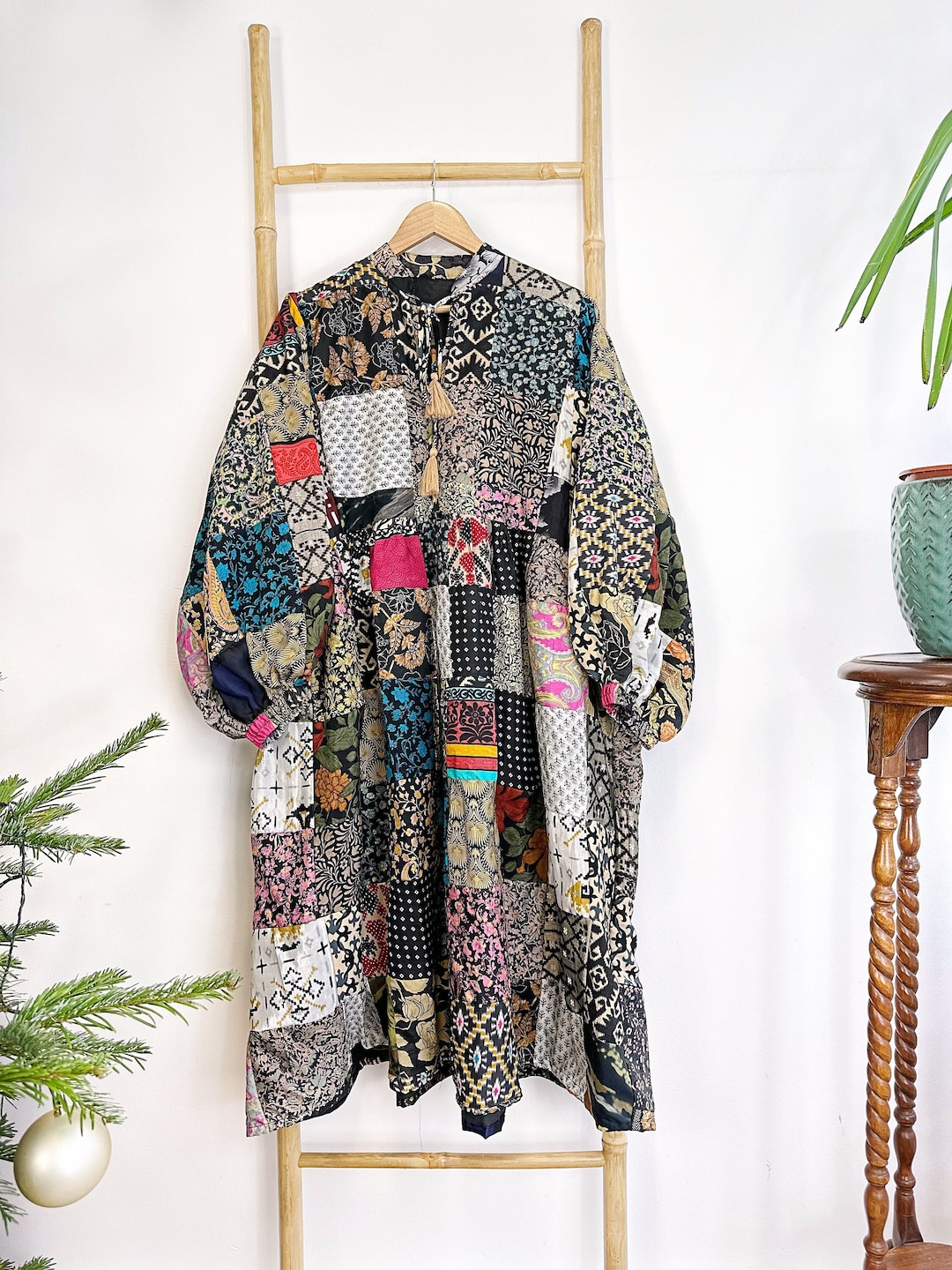 Black Silk Recycled Patchwork Bohemian Flowy Dress Wild Colourful ...