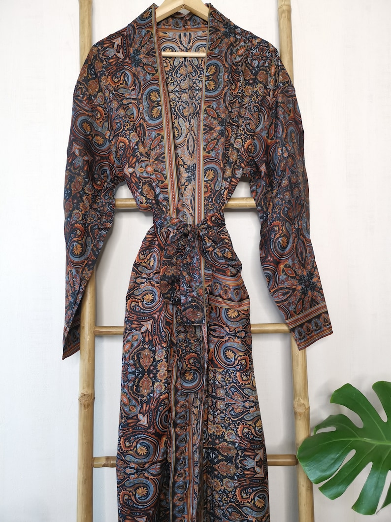 Men's Silk Boho Kimonos Man House Beach Artist Robe- Digital Midnight ...