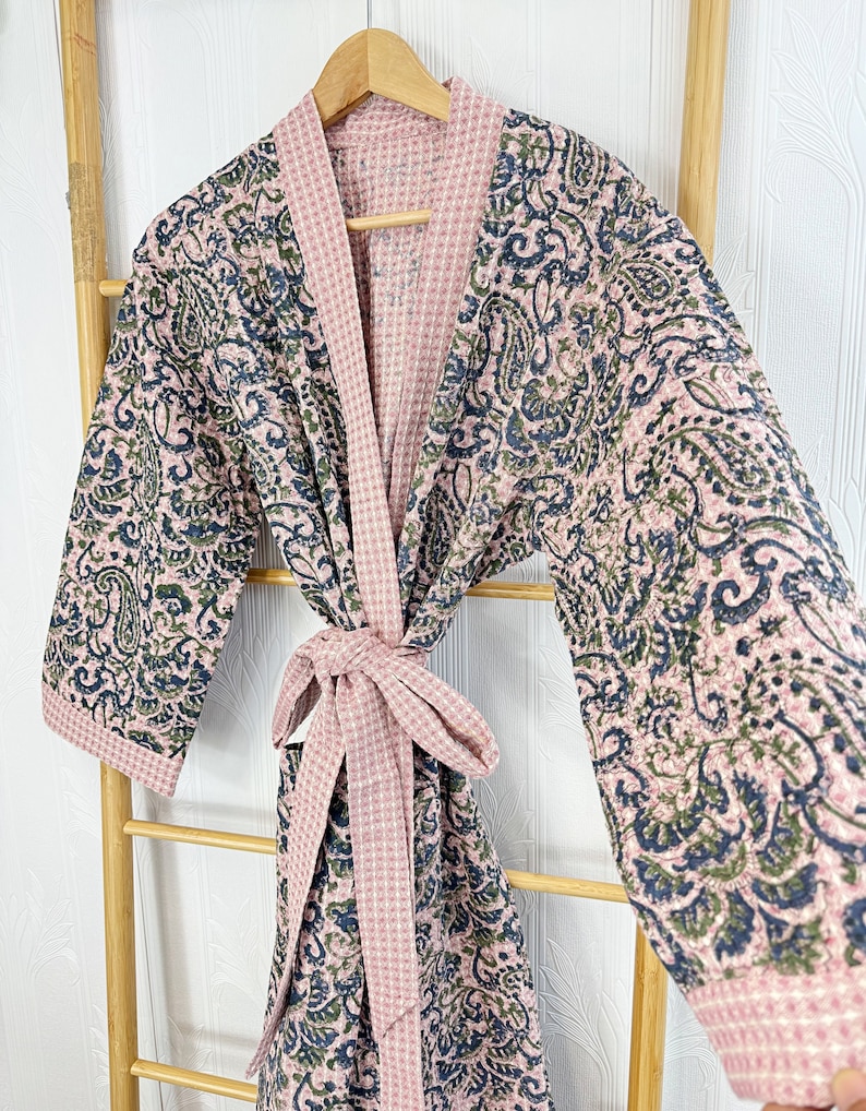 Pure Waffle Cotton Handprinted House Bath Dress Robe Summer Kimono ...