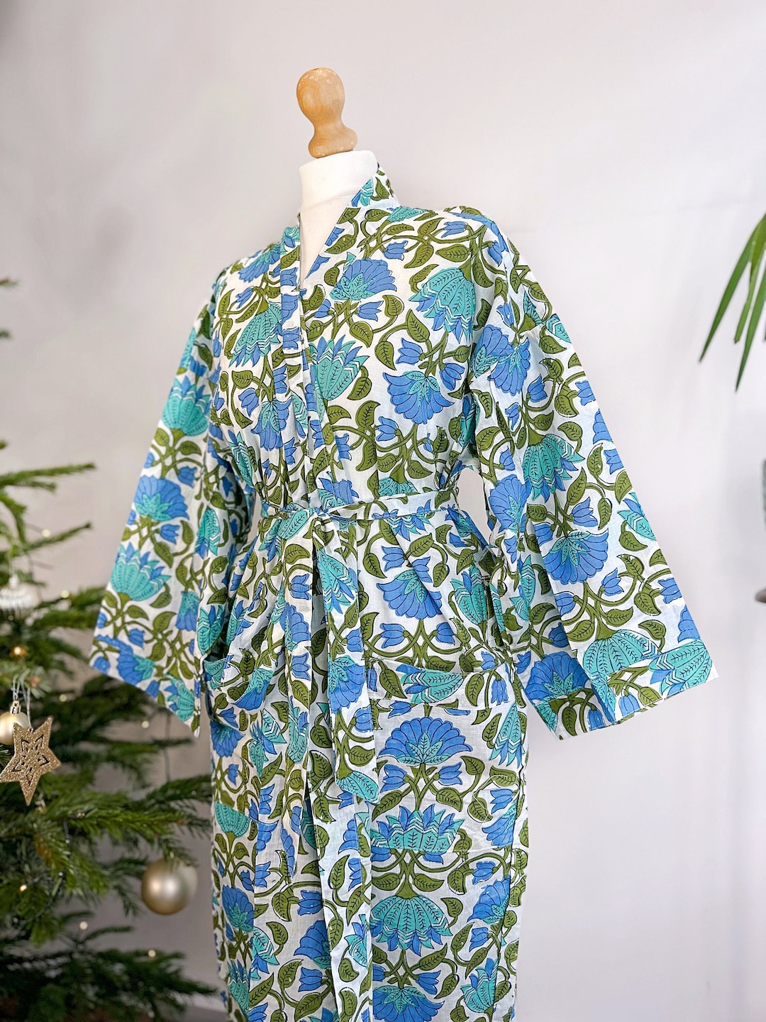 Pure Cotton Handprinted House Robe Botanical Kimono - White Aqua Blue ...