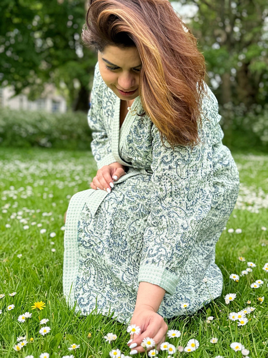 Pure Waffle Cotton Handprinted House Bath Dress Robe Summer Kimono ...