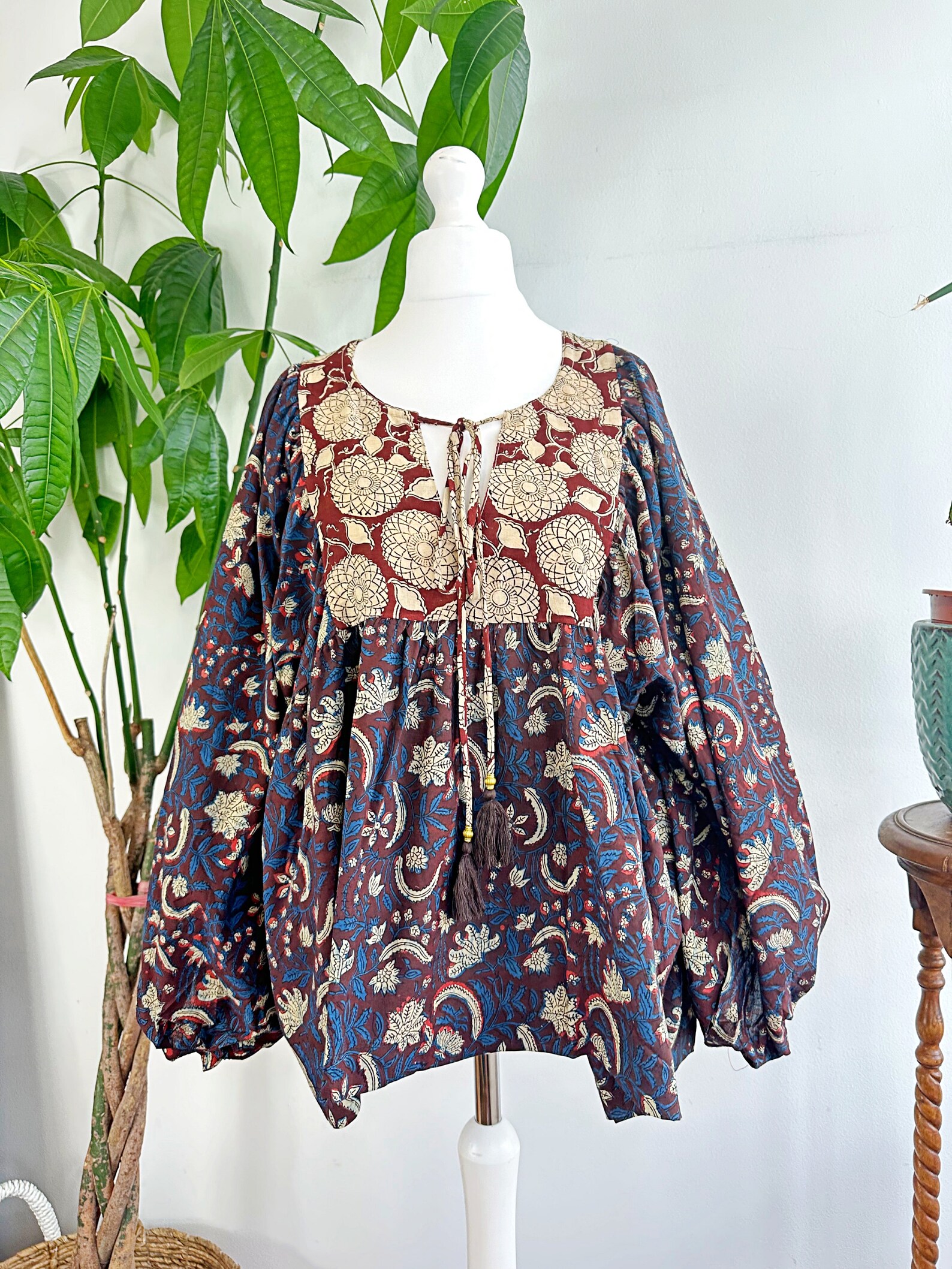 Pure Cotton Earthy Floral Bohemian Blouse Top Indian Bagru Block Print ...