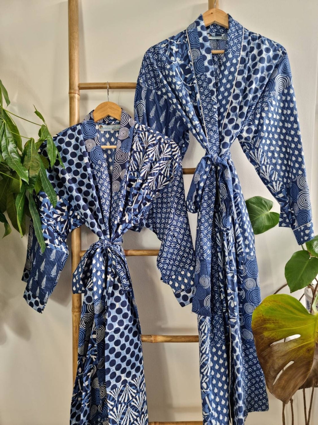 Pure Cotton Indigo Blue White Patchwork Printed House Dressing Robe Spa ...