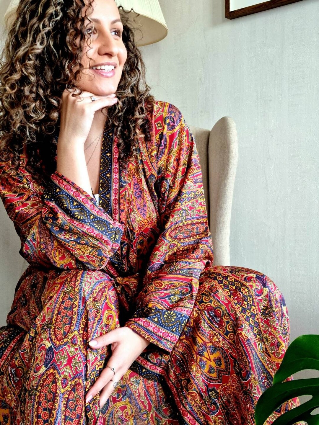 New Silky Sari Boho Kimono Regal House Robe Luxury Lounge Flowy Gown ...