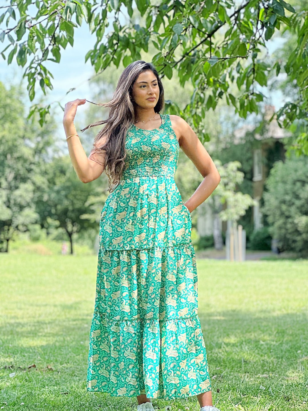 Maxi Tier Paisley Emerald Green Bodice Racer Oriental Floral Silky ...