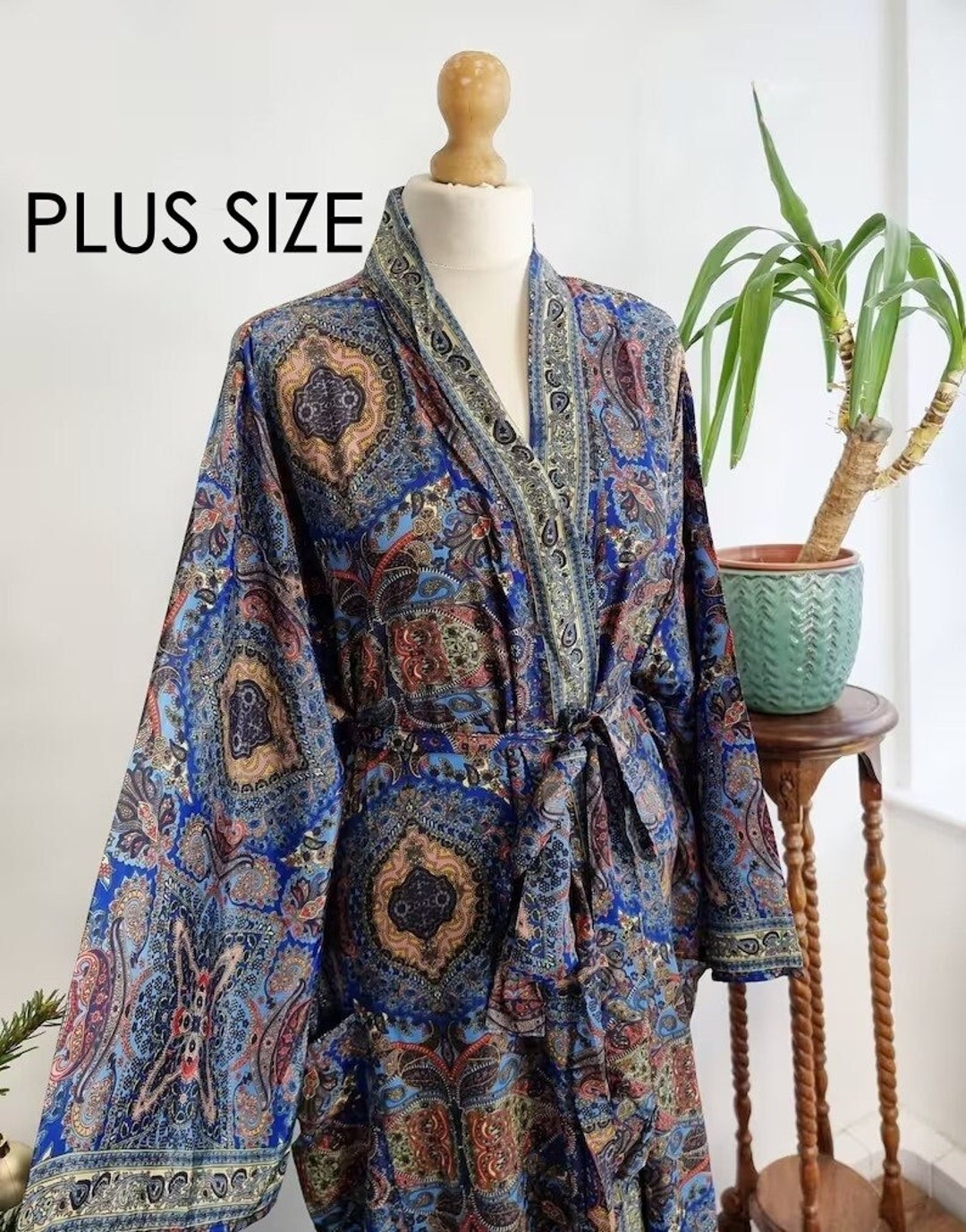 Plus Size New Silky Sari Boho Kimono Regal House Robe - Luxury Lounge Flowy Gown | Royal Blue ...