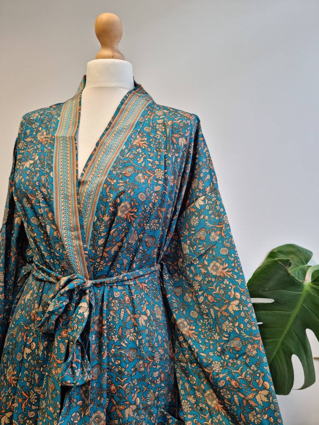 New Silky Sari Boho Kimono Regal House Robe Luxury Lounge Digital Print ...