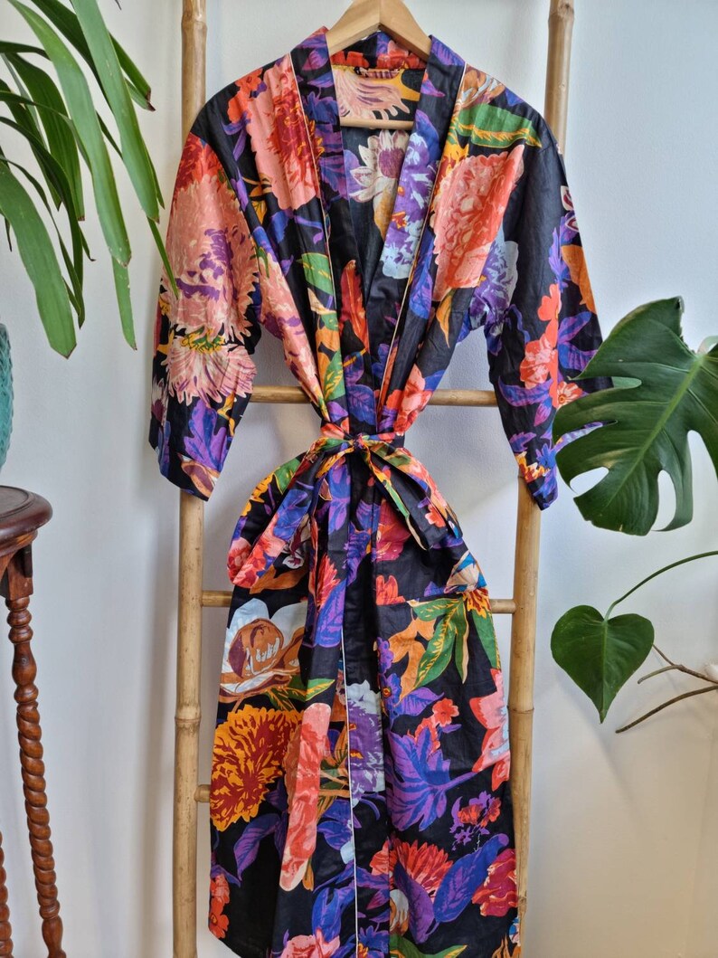 Pure Cotton Handprinted House Robe Summer Kimono Floral | Etsy UK