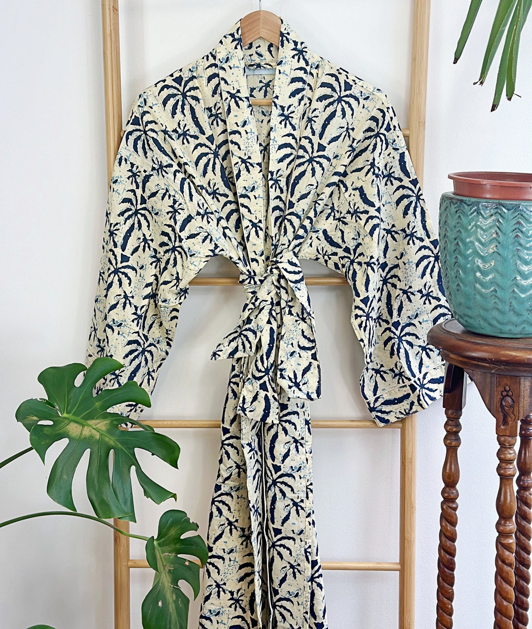 Men’s Cotton Block Print House Robe Kimono - off White Blue Indigo Palm ...