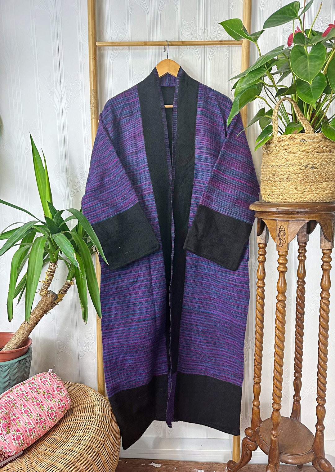 Unisex Stripe Yak Wool Blend Kimono/house Lounge Robe | Classic Elegant ...