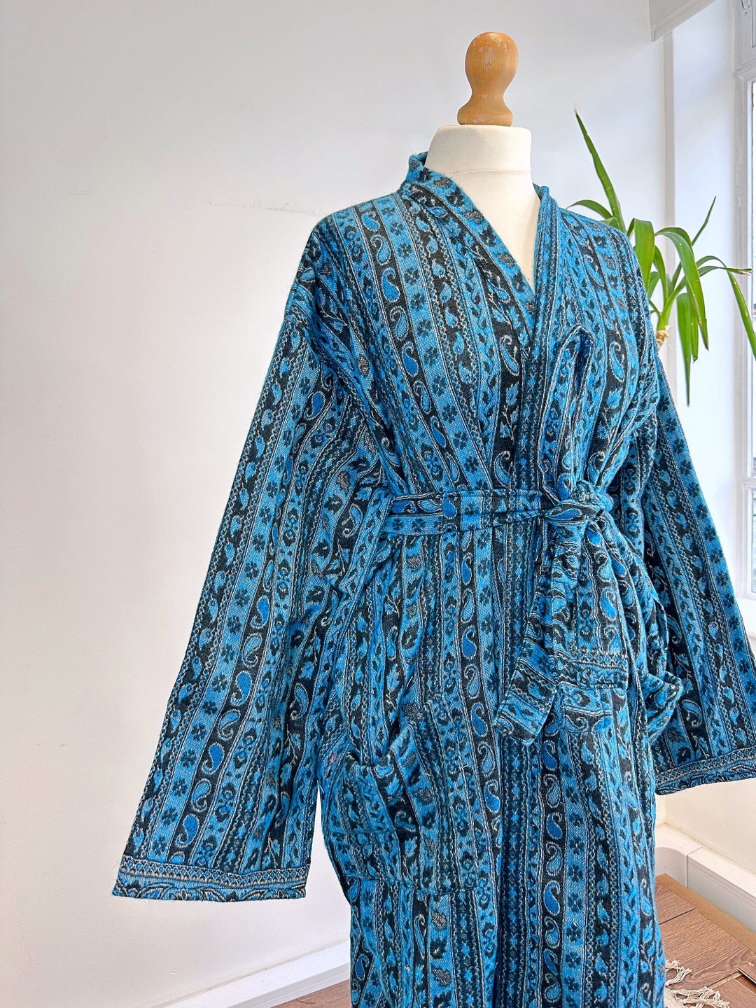 Unisex Yak Wool Blend Kimono Robe – Regal Blue Navy Artistic Geometric ...