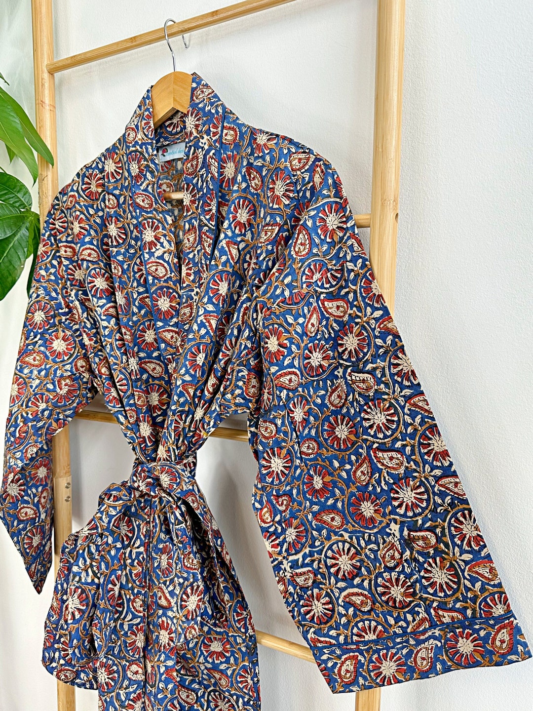 Men’s Cotton Handprinted House Robe Kimono - Regal Blue Beige Mustard ...