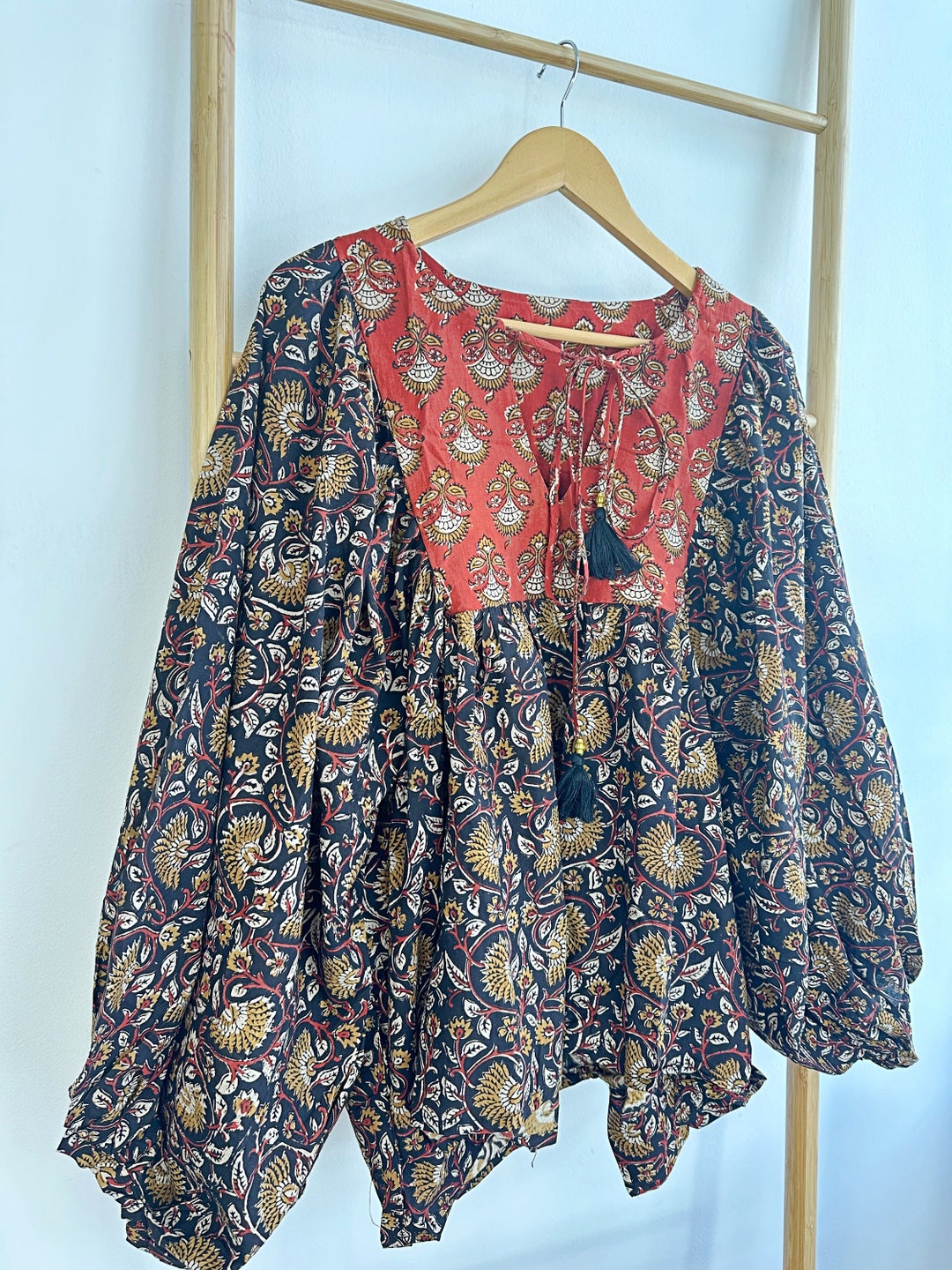 Pure Cotton Earthy Floral Bohemian Blouse Top Indian Bagru Block Print ...