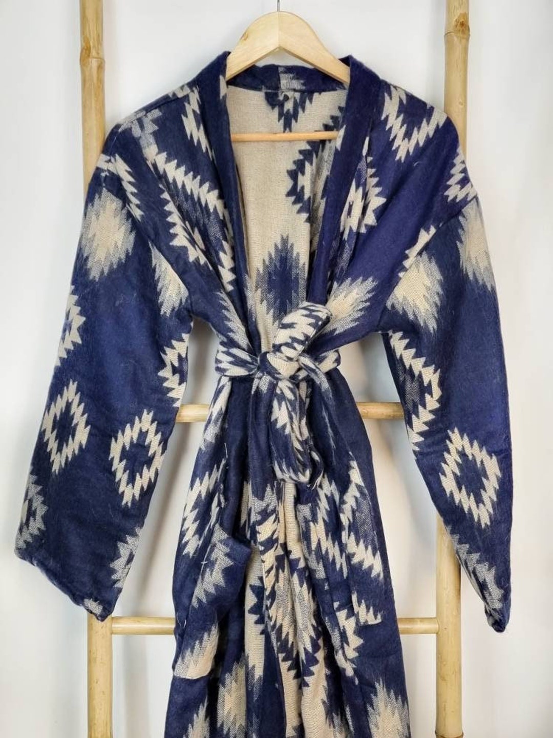 Unisex Yak Wool Blend Floral Kimono/robe Regal Urban Aquamarine Navy ...