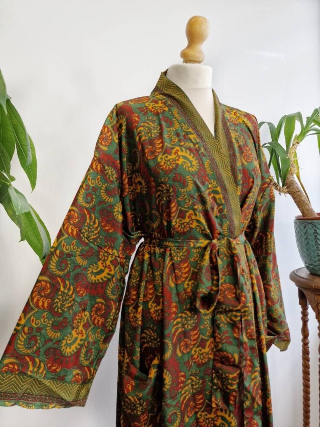 New Silky Sari Boho Kimono Regal House Robe Luxury Lounge Flowy Gown ...