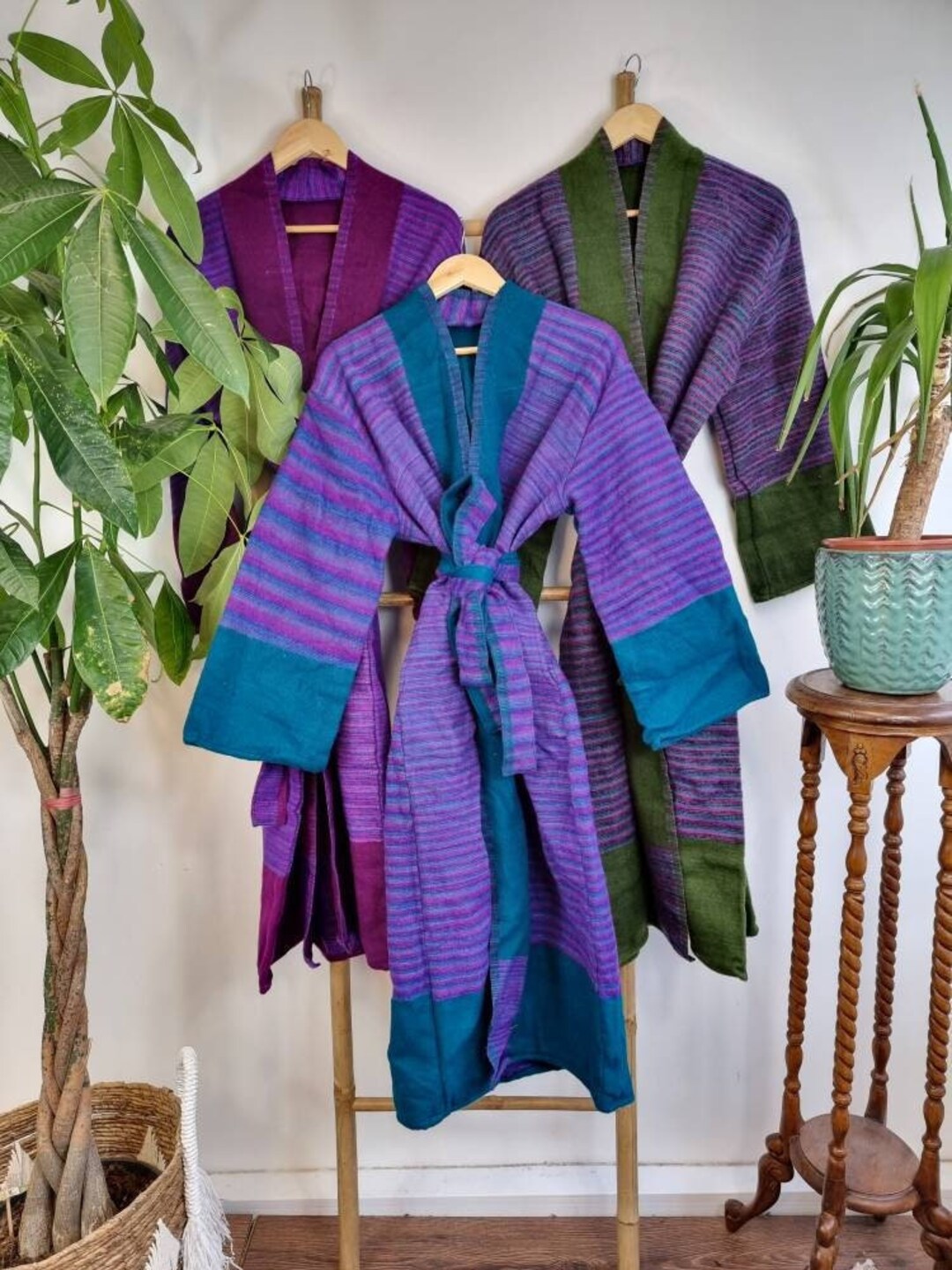 Unisex Stripe Yak Wool Blend Kimono/house Lounge Robe | Classic Elegant ...