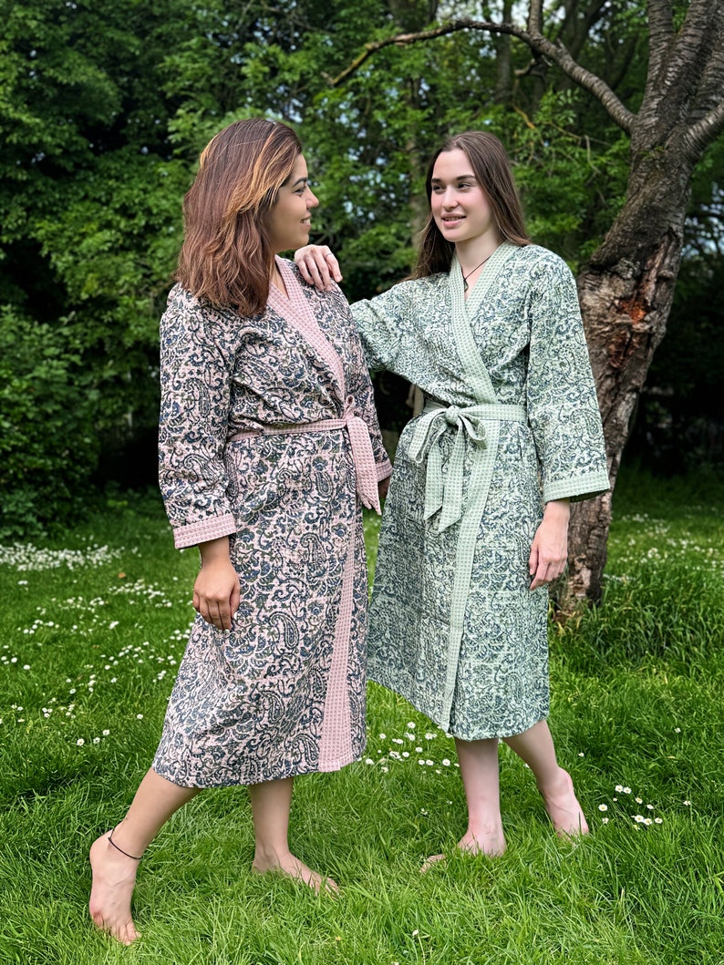 Pure Waffle Cotton Handprinted House Bath Dress Robe Summer Kimono ...